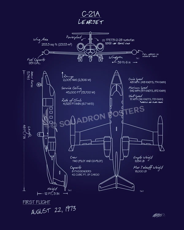 C-21A Learjet Blueprint Art - Squadron Posters