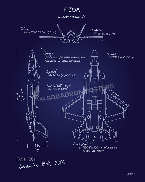 F-35A Lightning II Blueprint Art - Squadron Posters
