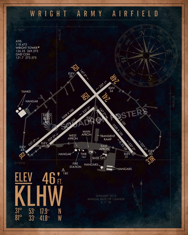 Wright Army Airfield KLHW Map Art - Squadron Posters