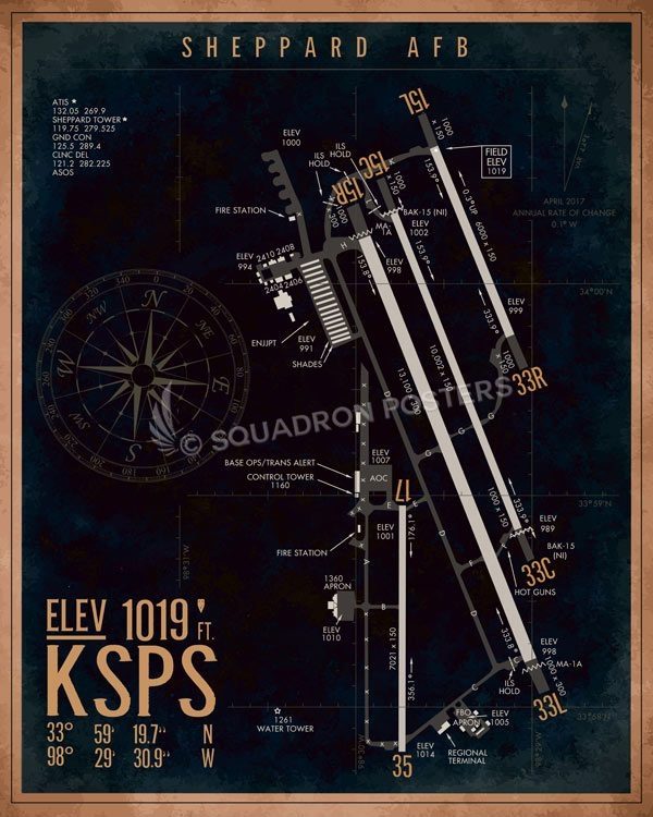 Sheppard AFB KSPS Airfield Map Art - Squadron Posters
