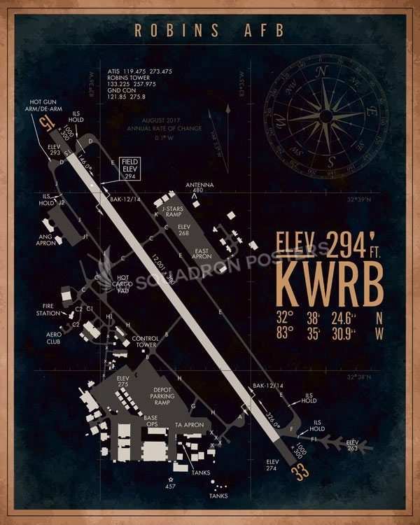 Robins AFB KWRB Airfield Map Art - Squadron Posters