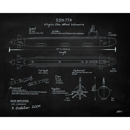 SSN-774 Virginia Class Submarine Blueprint Canvas - Squadron Posters