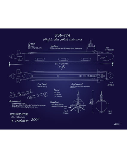 SSN-774 Virginia Class Submarine Blueprint Canvas - Squadron Posters
