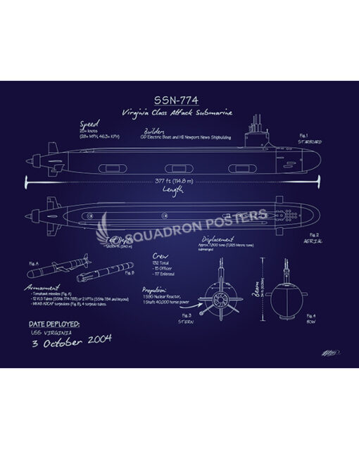 SSN-774 Virginia Class Submarine Blueprint Canvas - Squadron Posters